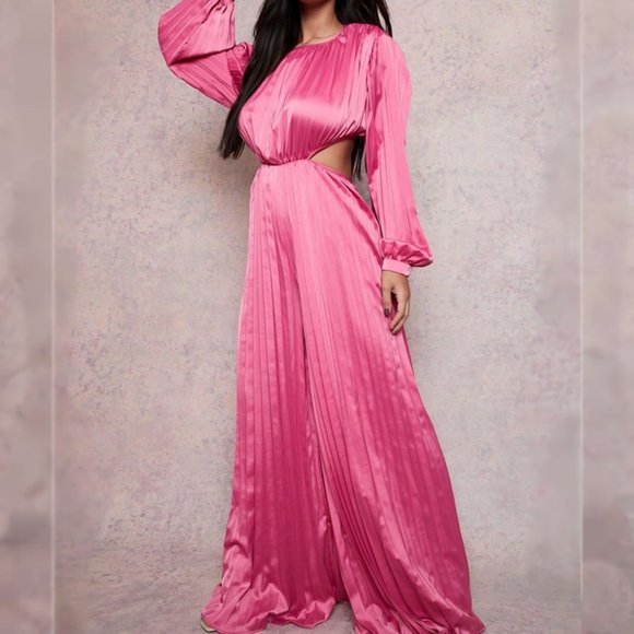 Boohoo | Pants & Jumpsuits | Satin Pleated Midriff Sexy Cutout Wide Leg ...